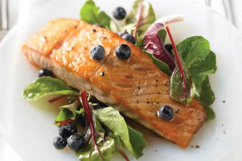 Recipes: Salmon with Cranberry & Blueberry Vinaigrette and Baby Greens